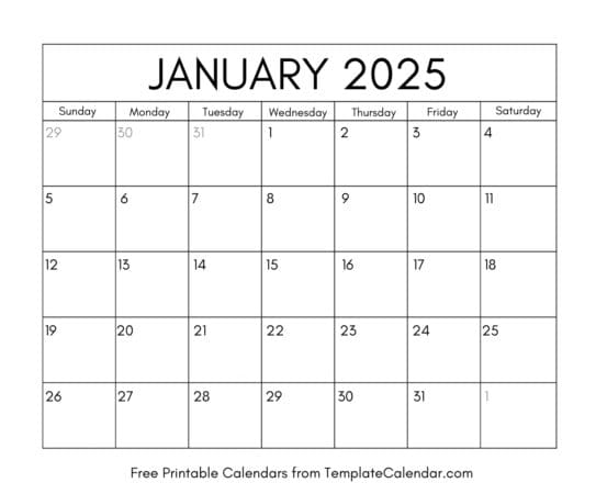 Free Printable January 2025 Calendar