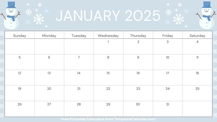 Free Printable January 2025 Calendar