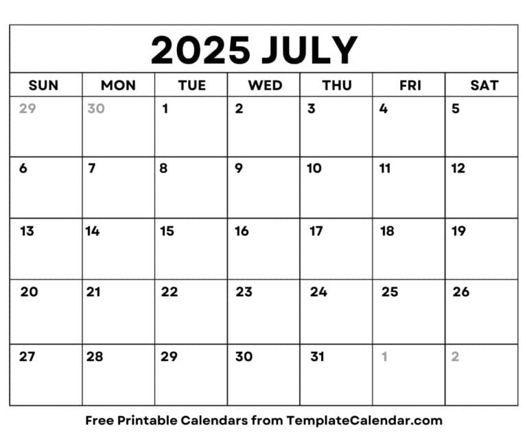 Free Printable July 2025 Calendar