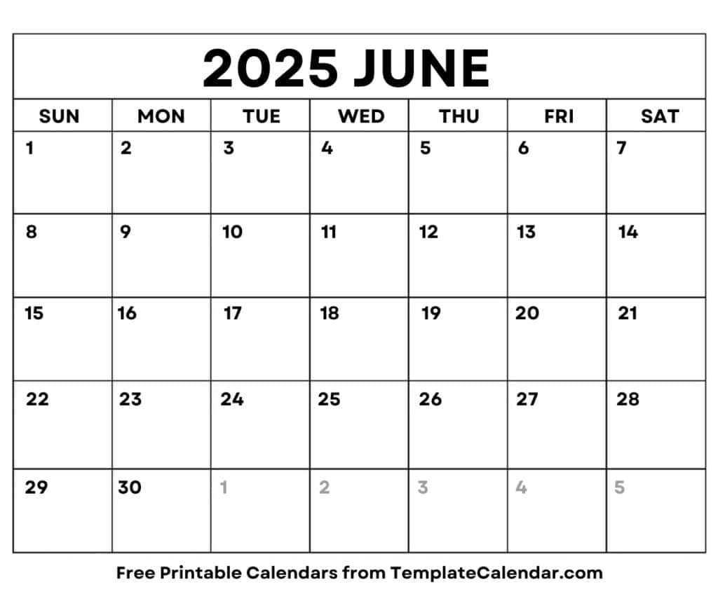 Free Printable June 2025 Calendar