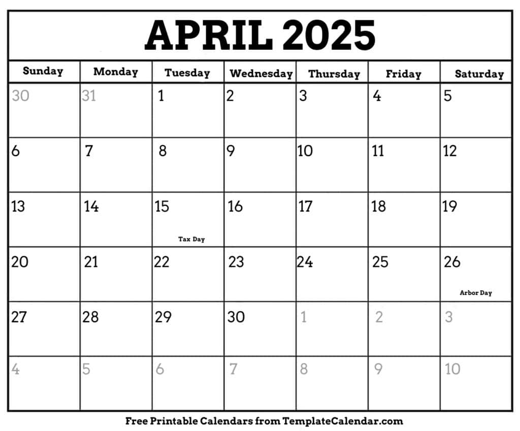 Free Printable April 2025 Calendar
