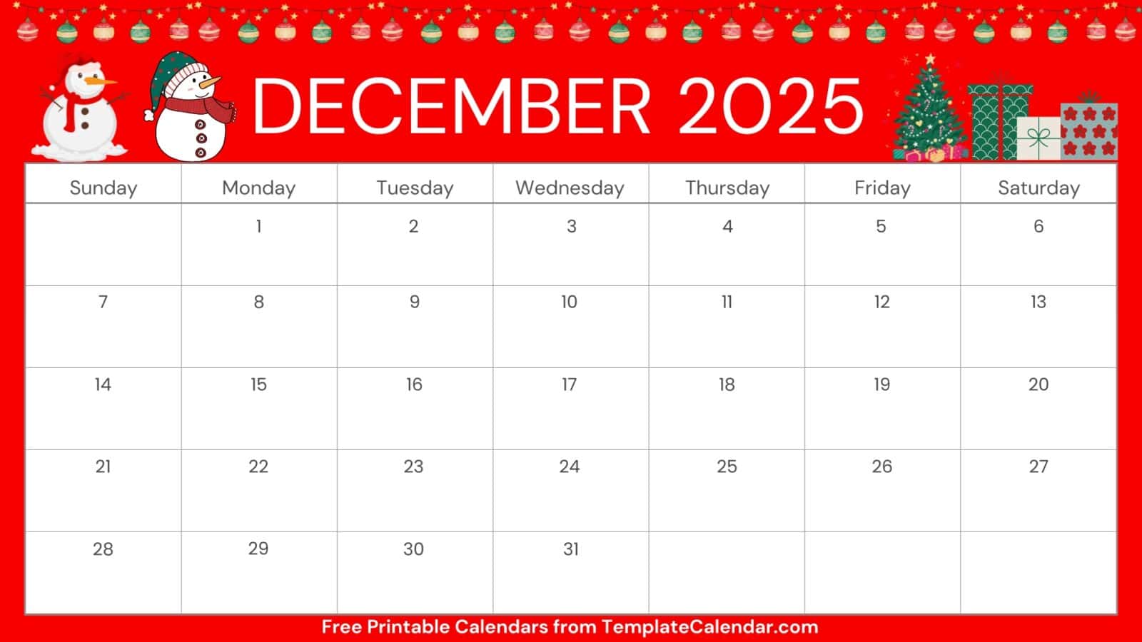 Free Printable December 2025 Calendar