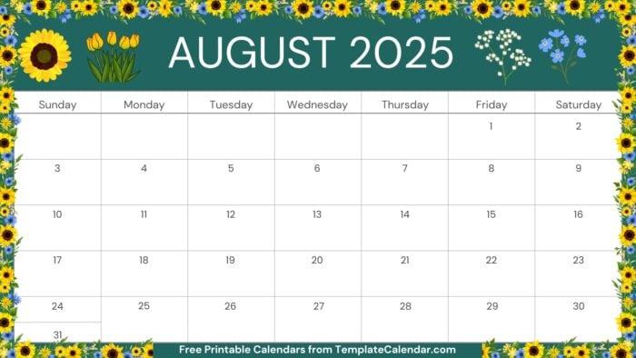 Free Printable August 2025 Calendar