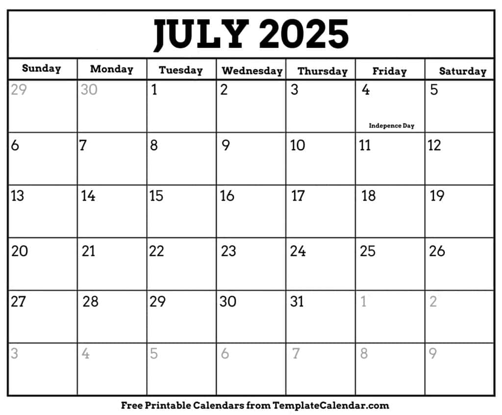 Free Printable July 2025 Calendar