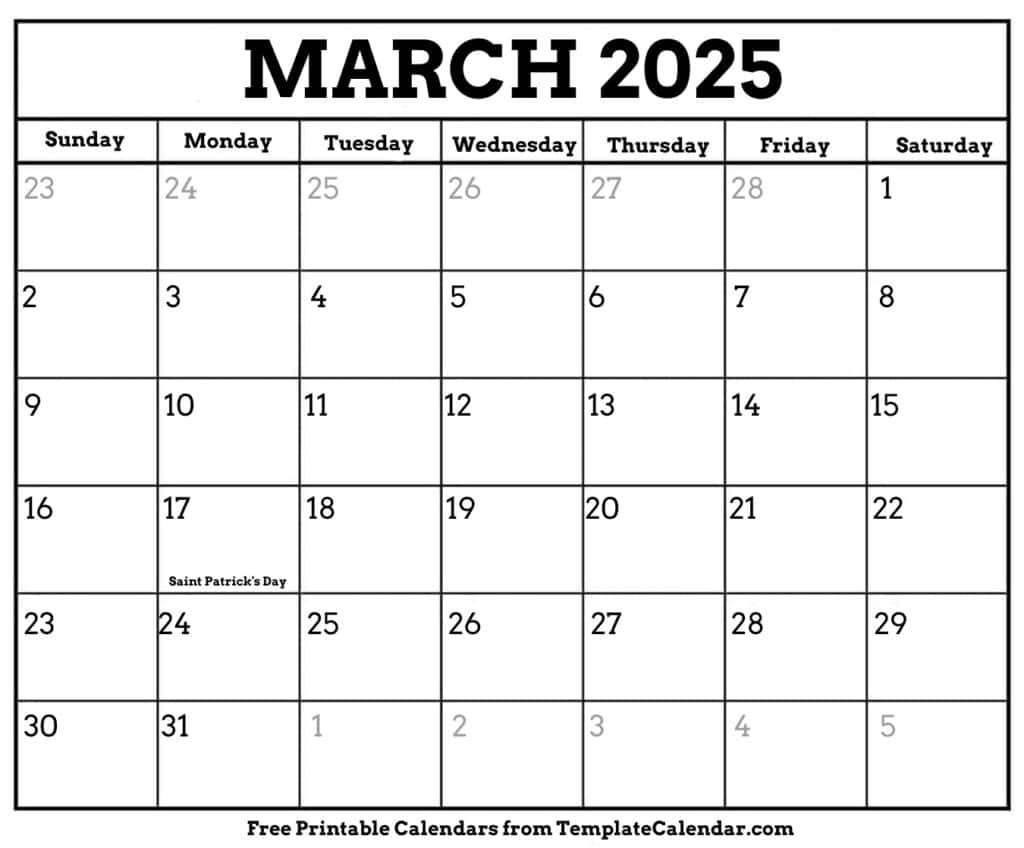 Free Printable March 2025 Calendar