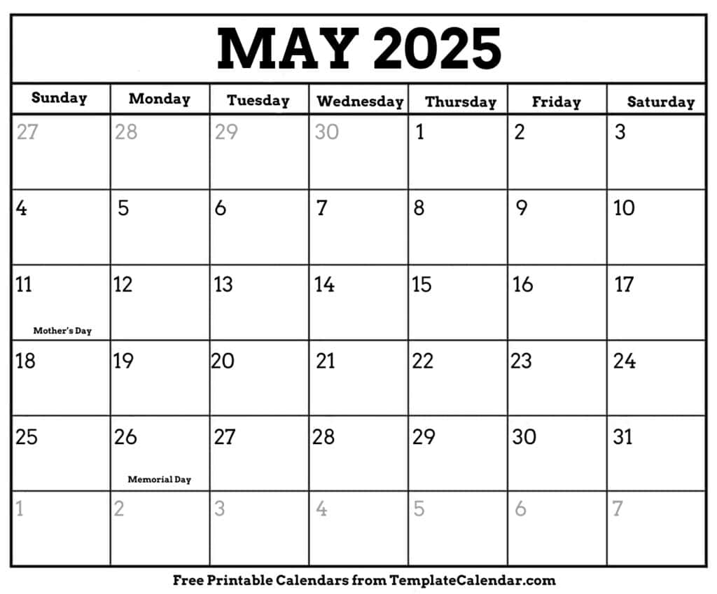 Free Printable May 2025 Calendar