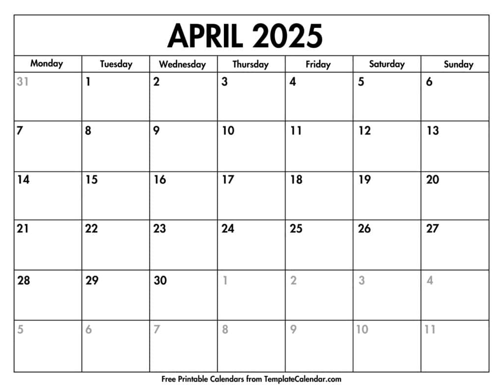 Free Printable April 2025 Calendar