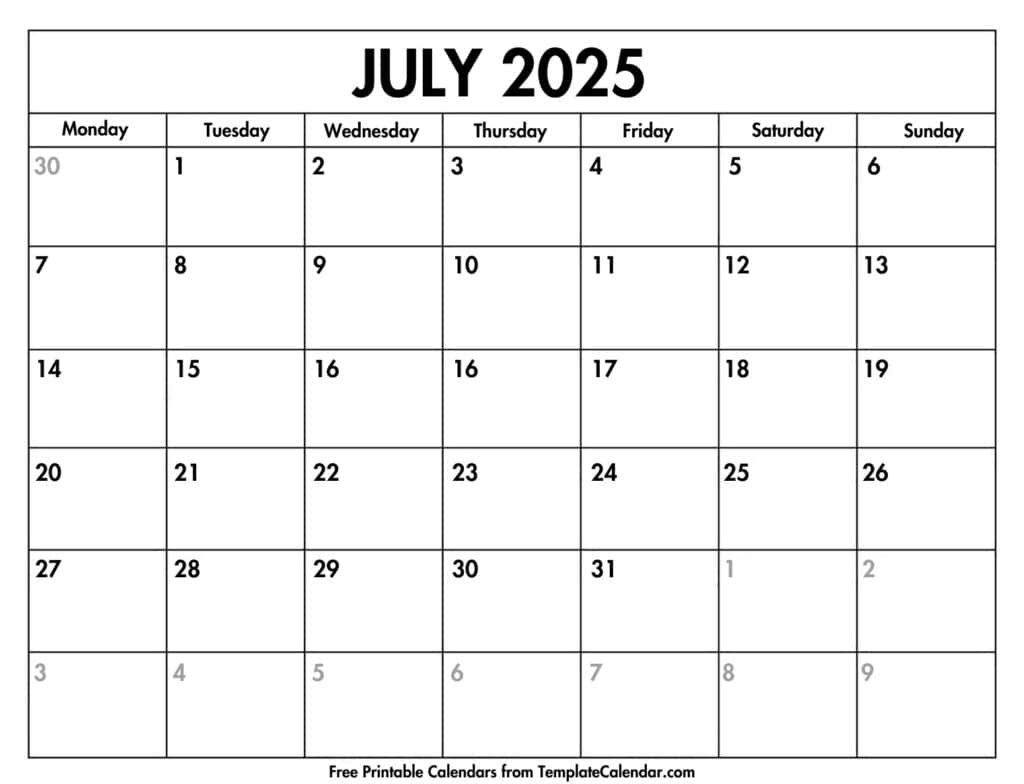 Free Printable July 2025 Calendar