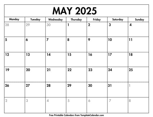 Free Printable May 2025 Calendar