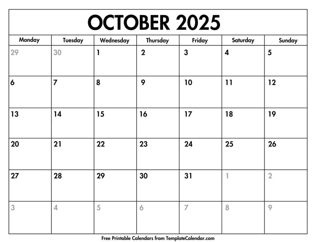 Free Printable October 2025 Calendar