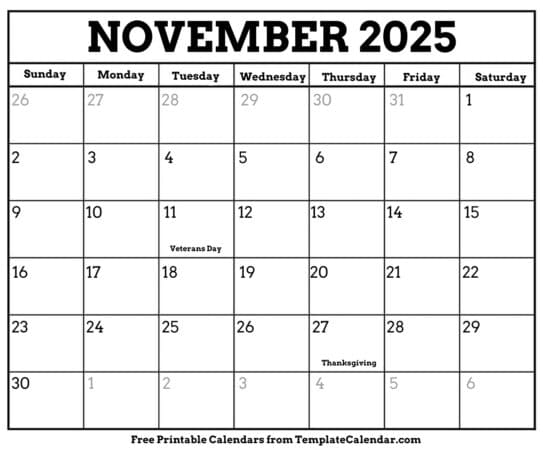 5+ Free Printable November 2025 Calendar (Editable)