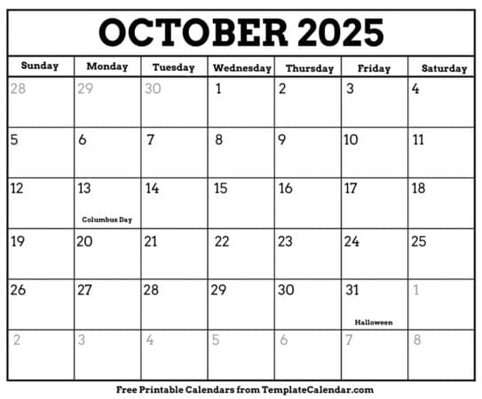 Free Printable October 2025 Calendar