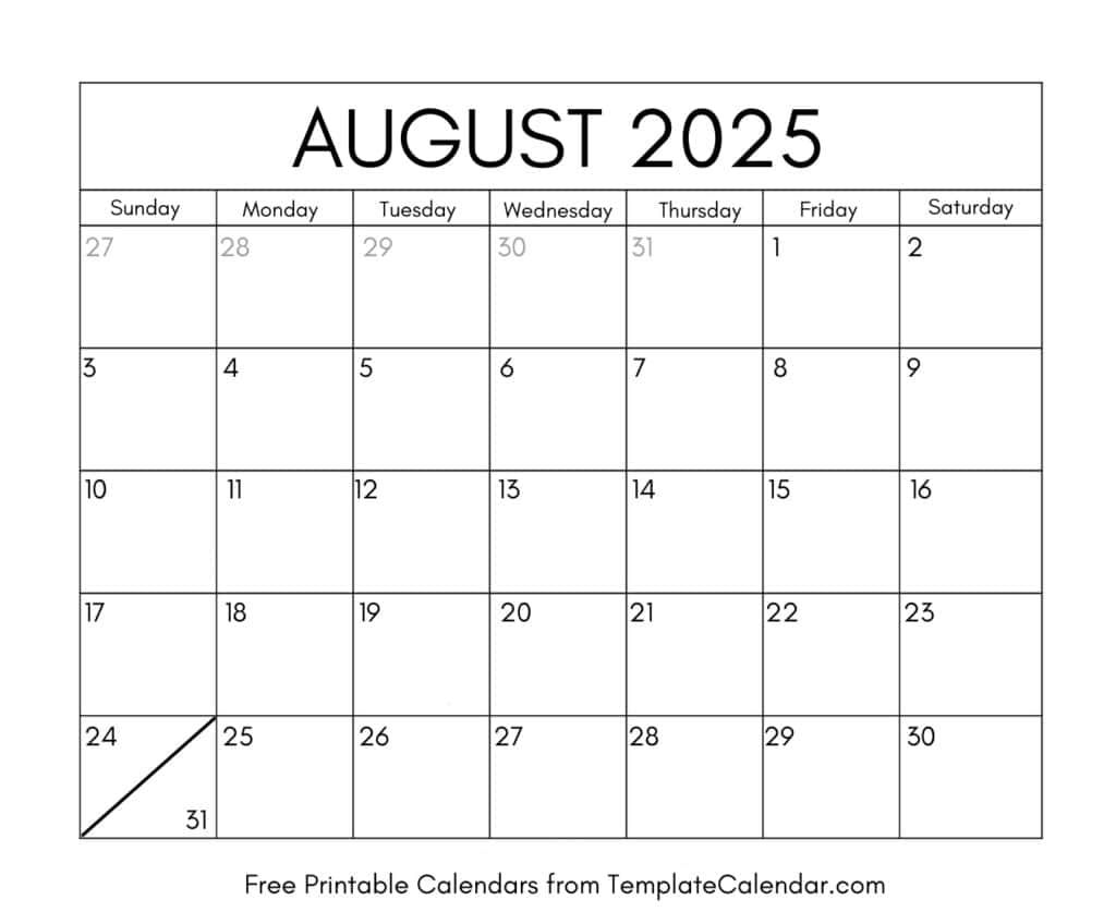 Free Printable August 2025 Calendar