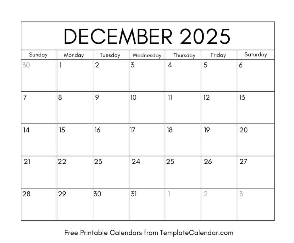 Free Printable December 2025 Calendar