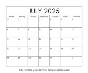 Free Printable July 2025 Calendar