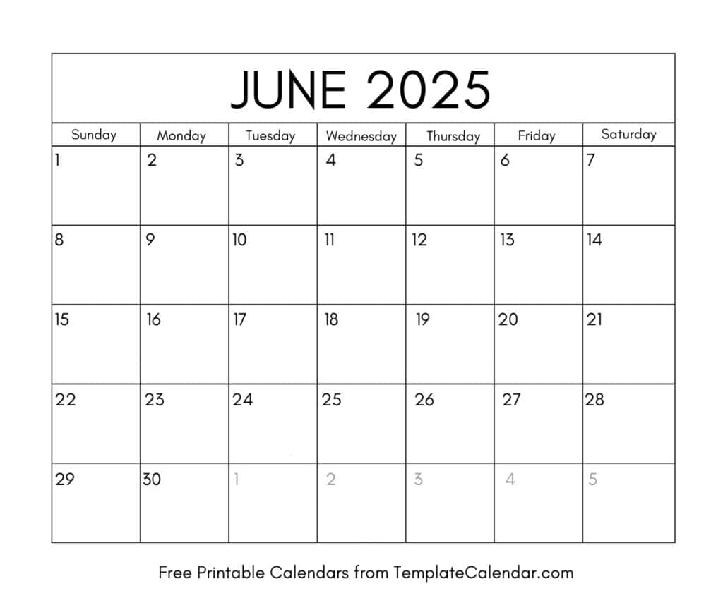 Free Printable June 2025 Calendar