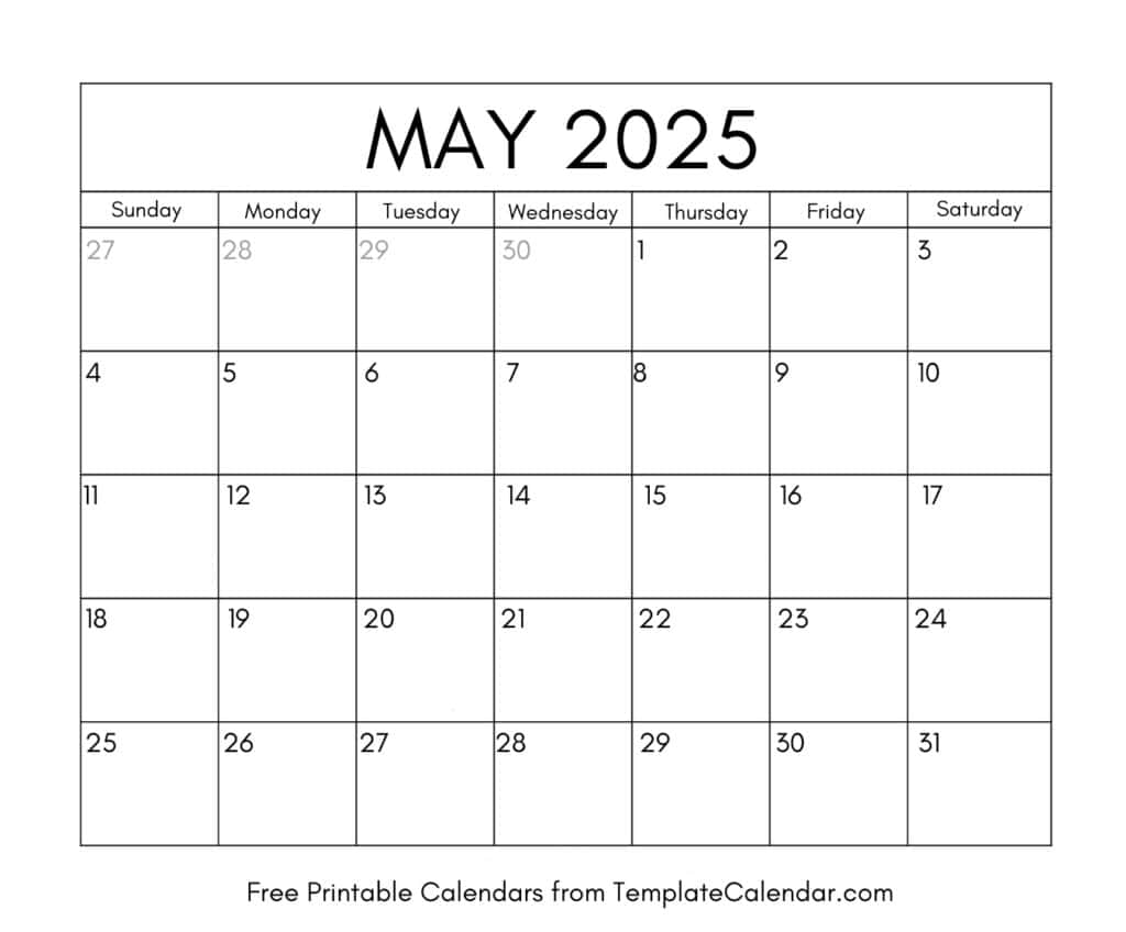 Free Printable May 2025 Calendar